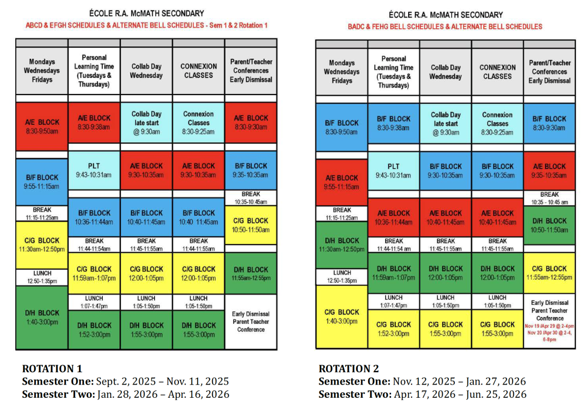 Bell Schedule | École Secondaire R.A. McMath Secondary School